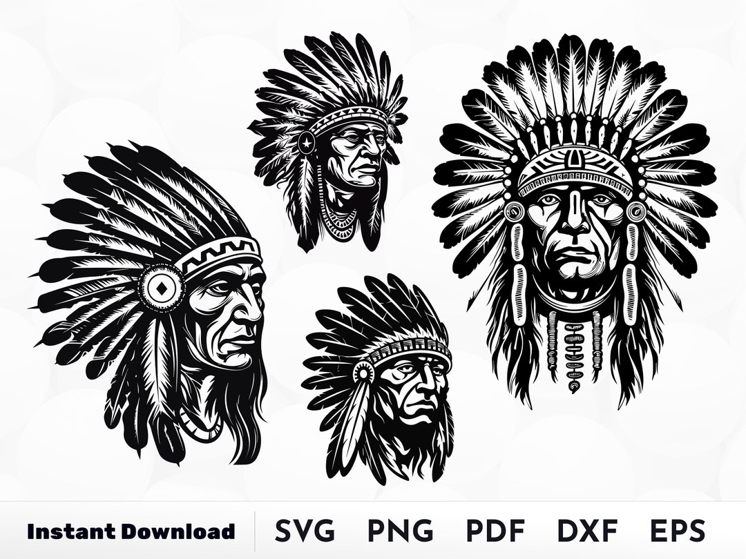 Native American SVG, Indian Chief Headdress Dxf, Indian Warrior Head ...