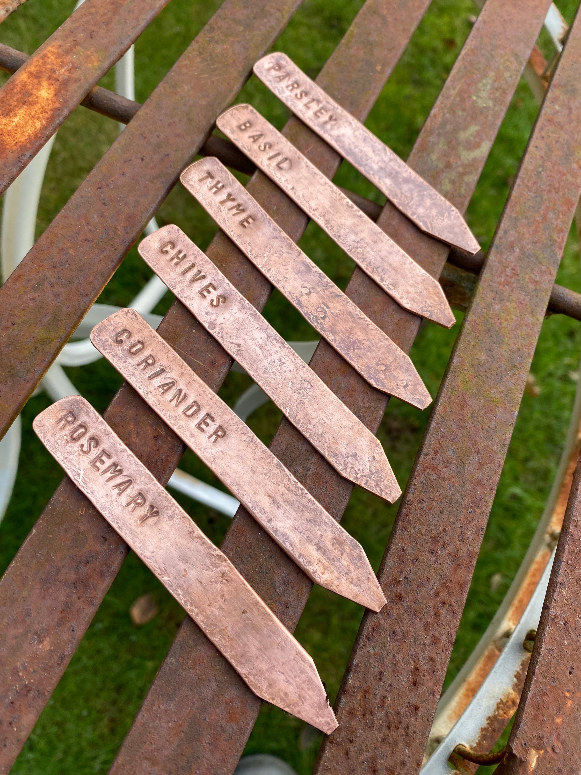Copper herb labels, plant labels — Kingfisher Design