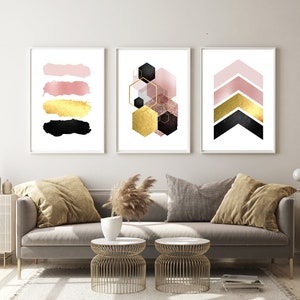 Blush Pink Gold and Black Abstract Geometric Art Print With Frame ...