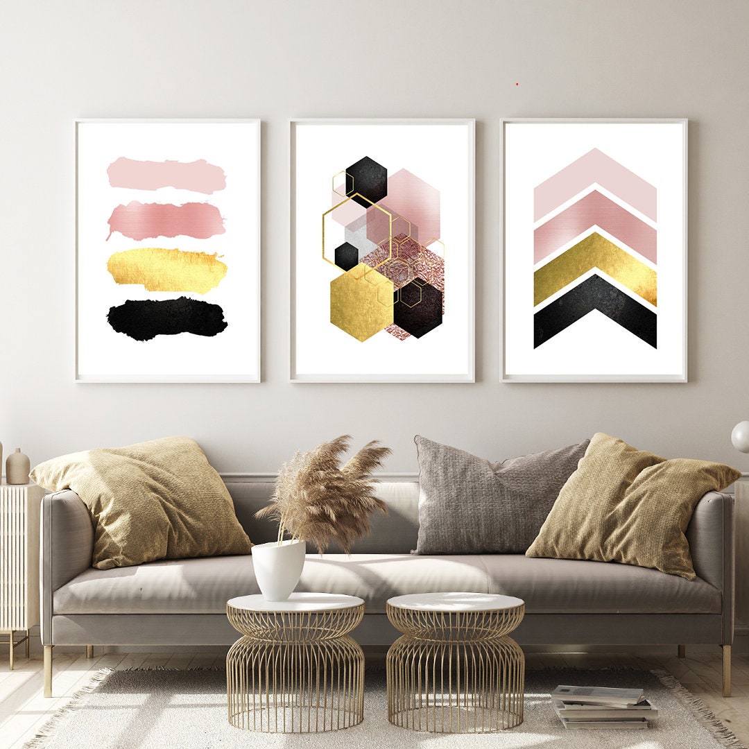 Blush Pink Gold and Black Abstract Geometric Art Print With | Etsy