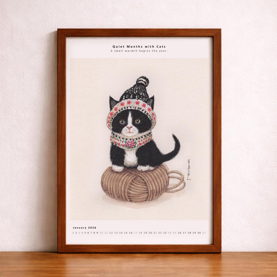 2026 Cat Calendar Printable – January Kitten Illustration, Cozy Wall ...
