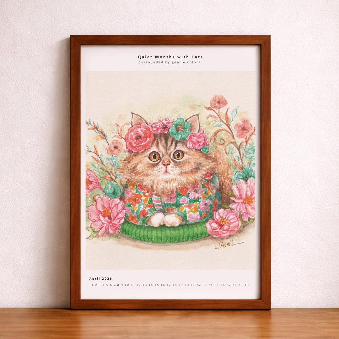 2026 Cat Calendar Printable – April Cat Illustration, Soft Spring Wall ...
