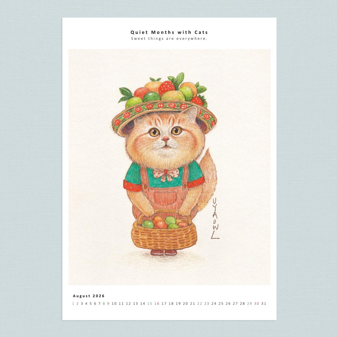 August 2026 Cat Calendar Printable Wall Art | Cozy Kitten Illustration ...