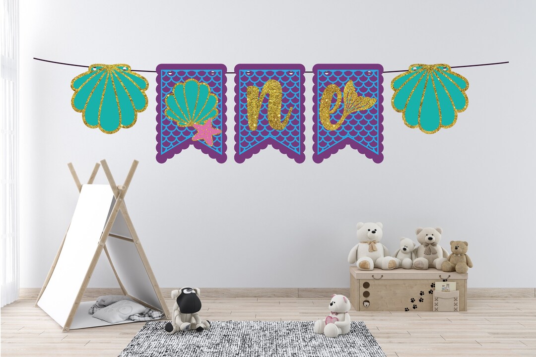 Mermaid One Banner Bunting Svg, DIY Party Decorations Svg, DIY Banner ...