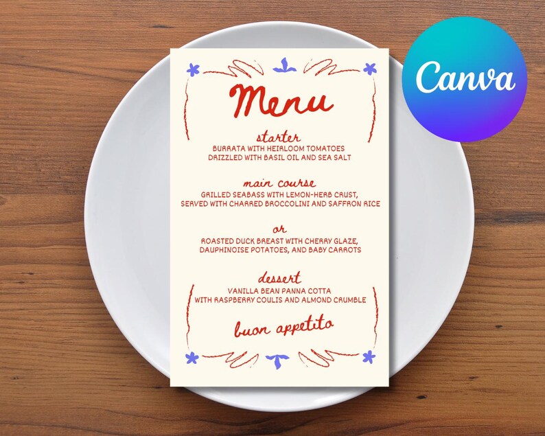 Italian Summer Dinner Menu Card | Printable Template (instant Download ...
