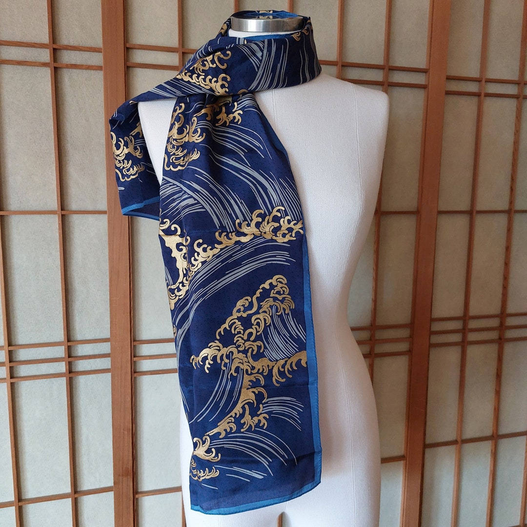 Vintage Midnight Blue and Gold Japanese Wave Motif Silk Scarf - Etsy