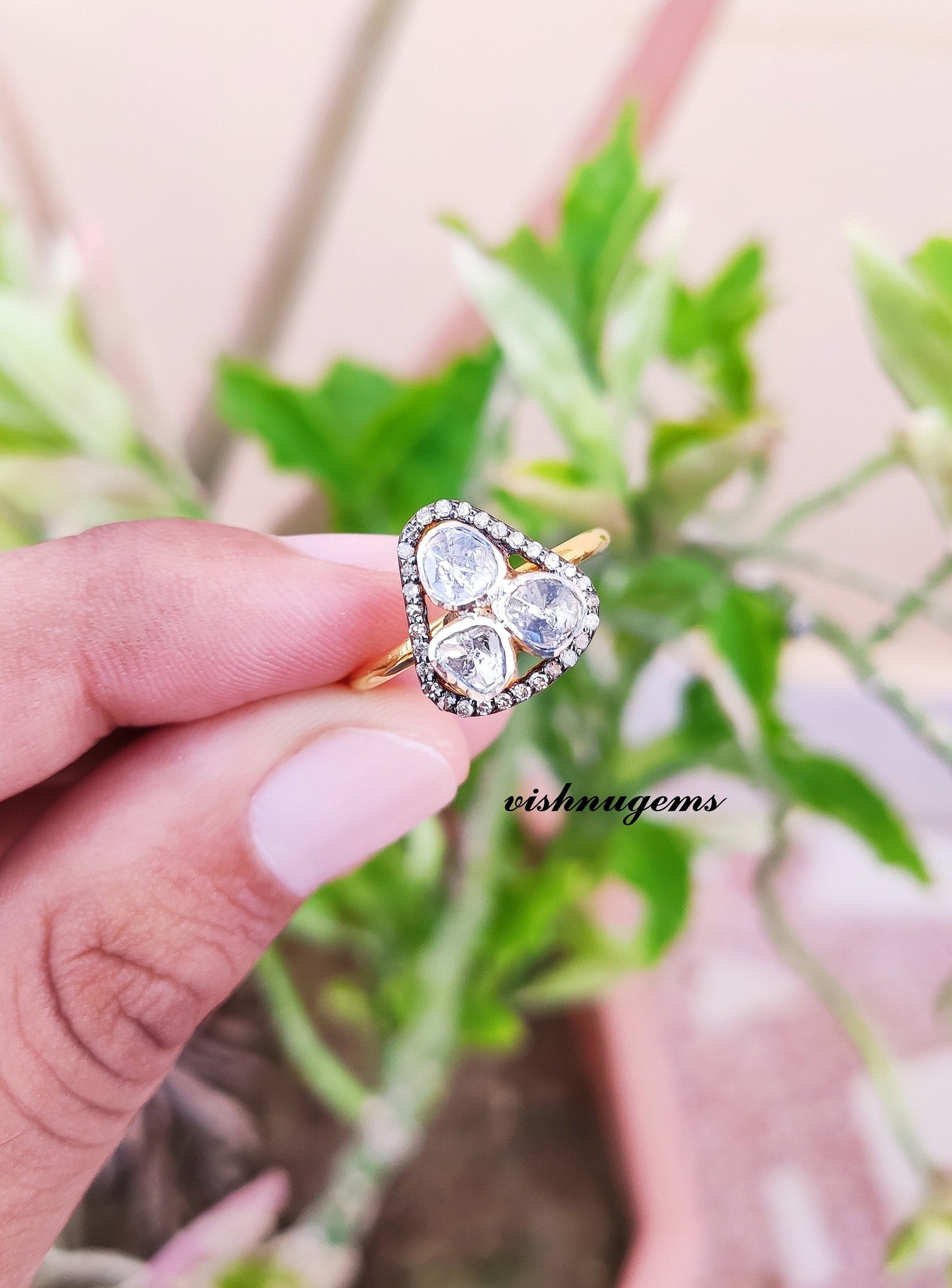 925 Silver Gold Plated Polki Ring Real Diamond Slice Natural - Etsy