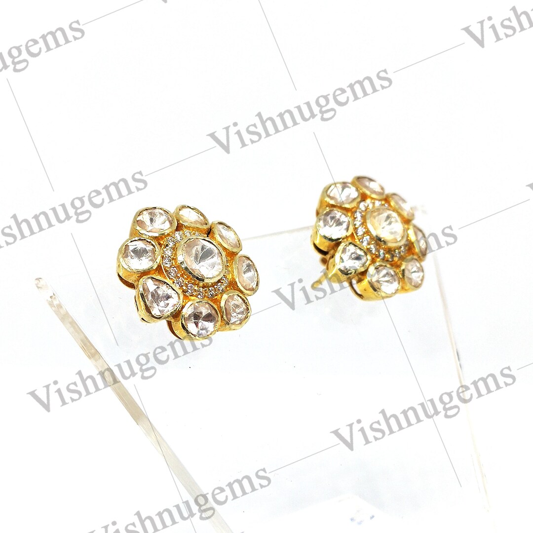 Handmade Sterling Silver Monzonite Polki Stud Earrings, Zircon Diamond ...