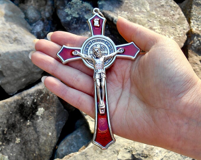 XL Pectoral Crucifix, Large RED Enamel & Silver Benedict Cross, Rosary ...