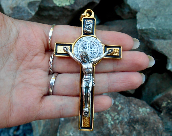Large 3 1/4 Inch Saint Benedict Crucifix, Black Enamel Silver Tone ...