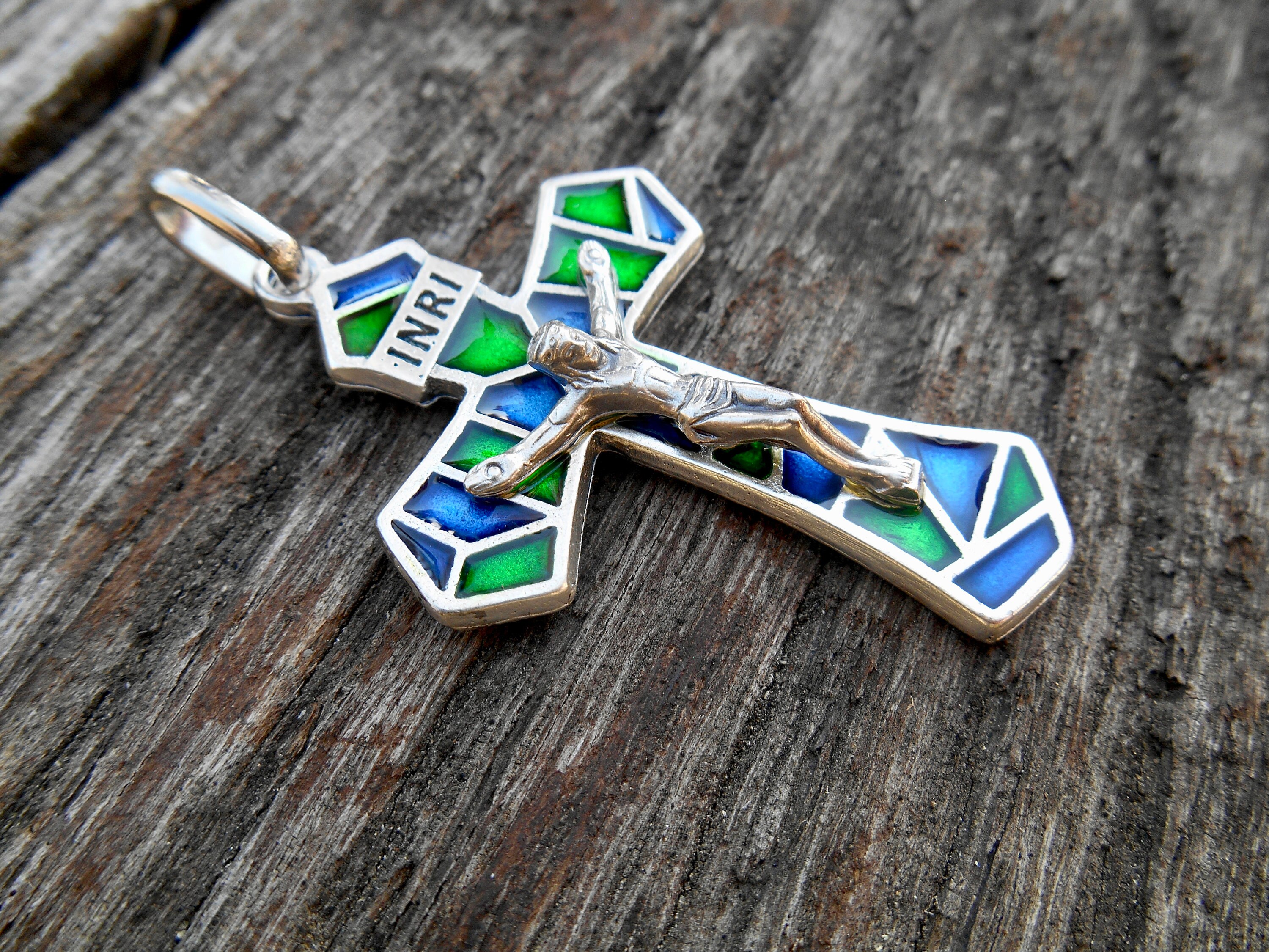 Rosary Crucifix, Blue & Green Enamel Crucifix, Italian Made, Mosaic ...
