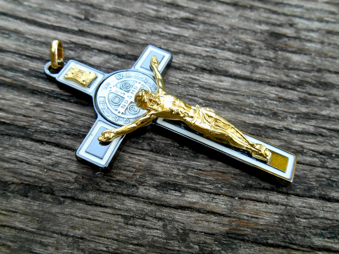 Large 3 1/4 Inch Saint Benedict Crucifix Black Enamel Gold - Etsy