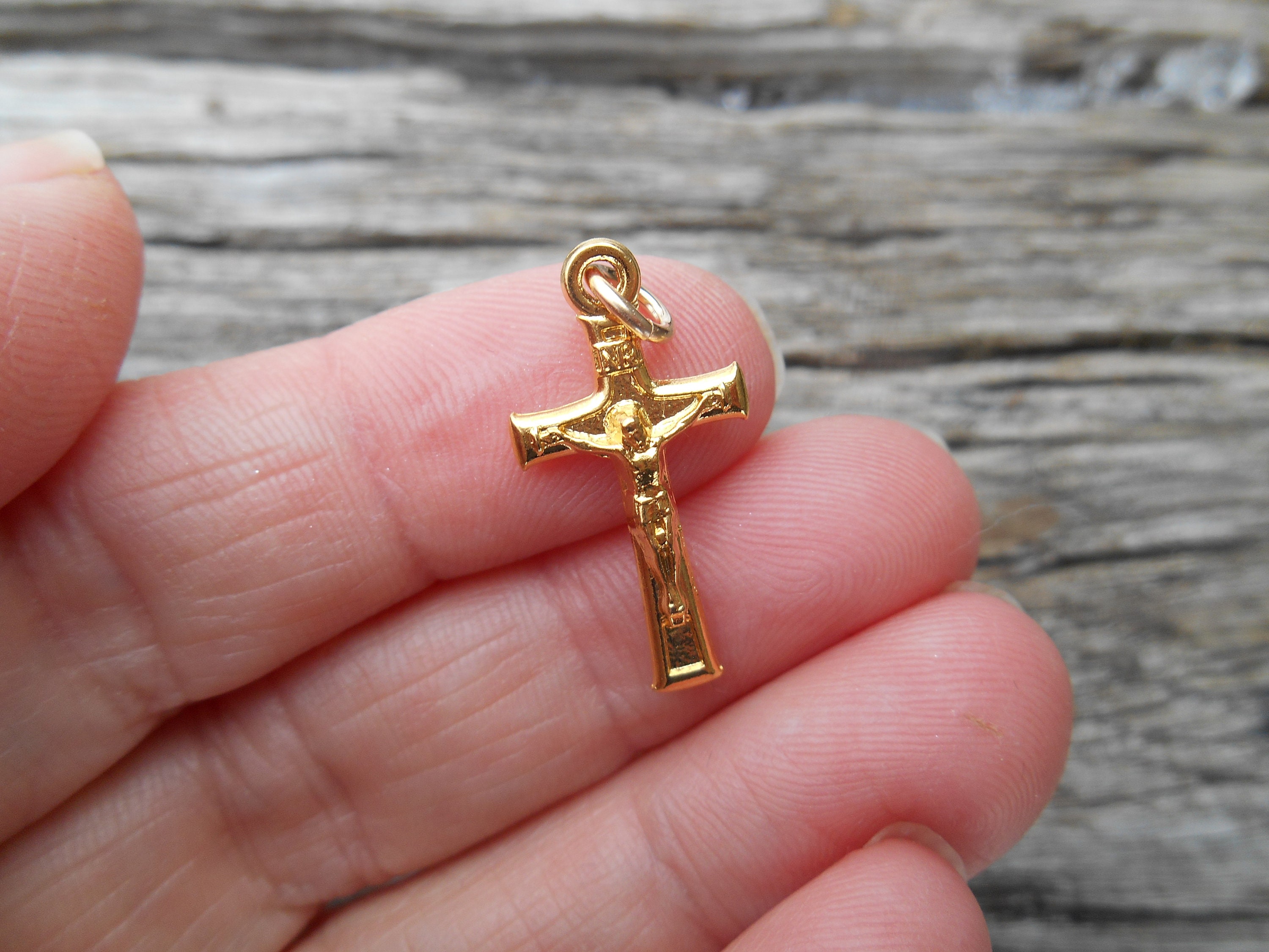 Tiny Gold Tone Crucifix Charm/ Miniature Cross Charm/ Small Cross Charm ...