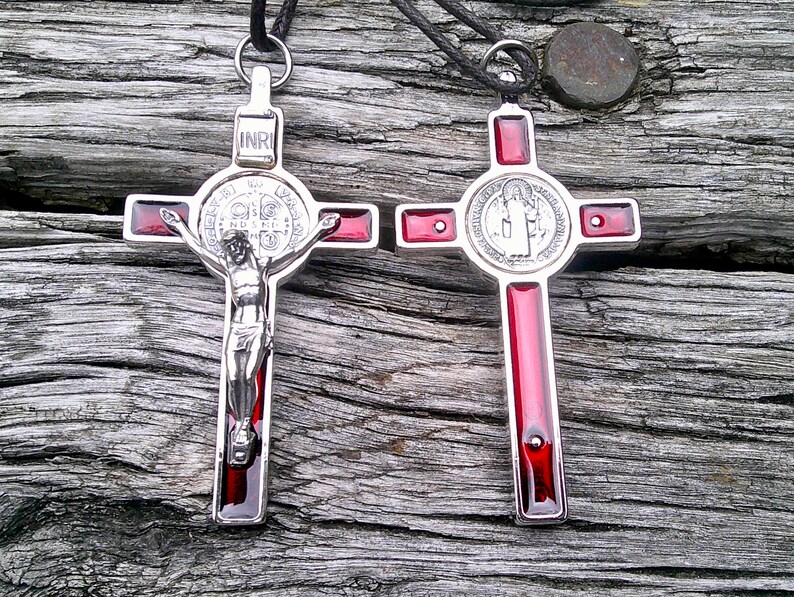 Large 3 Inch Saint Benedict Crucifix, Corded Crucifix, Red Enamel ...