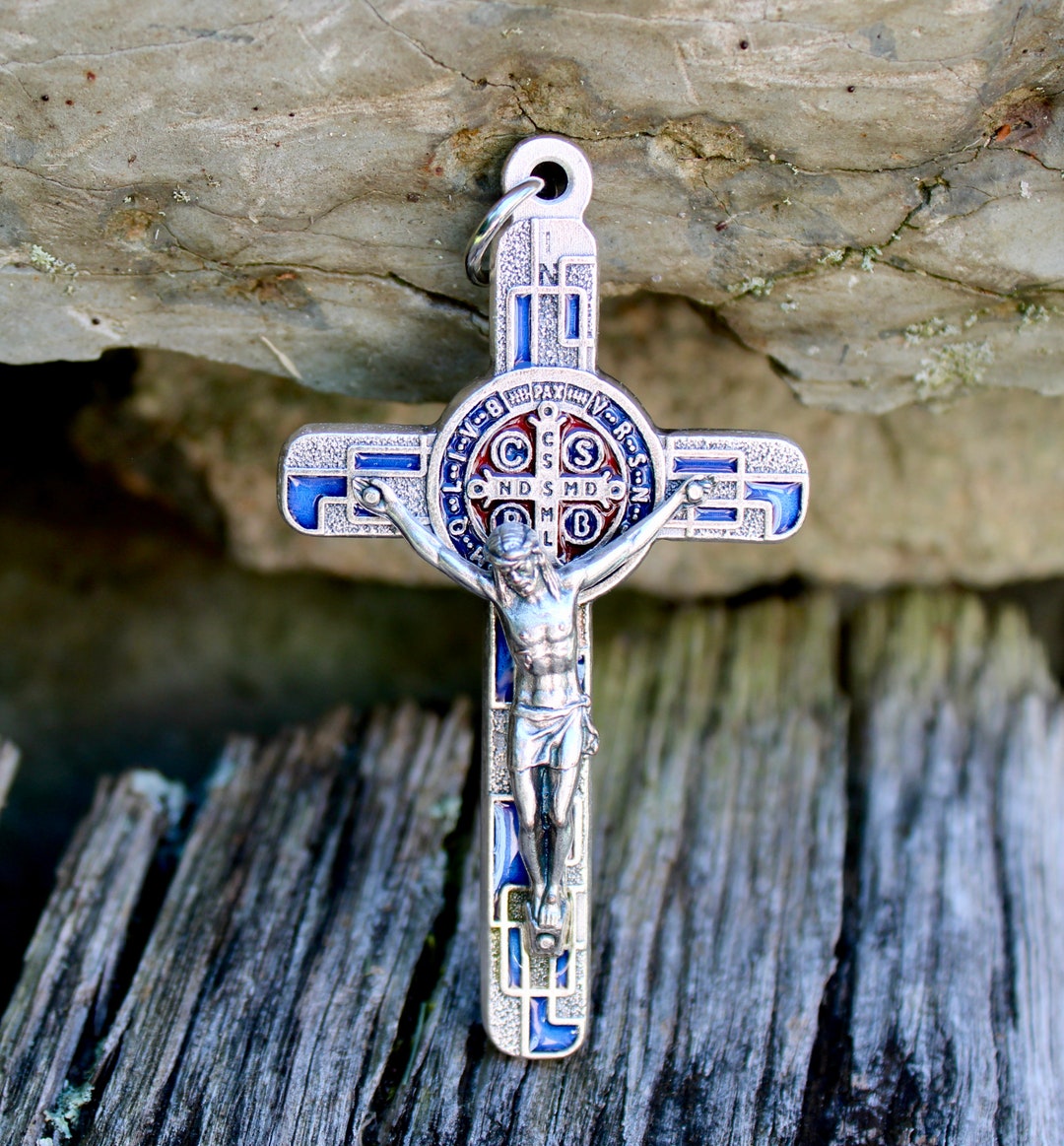 Large Benedict Crucifix, Red or Blue Mosaic Silver Tone Saint Benedict ...