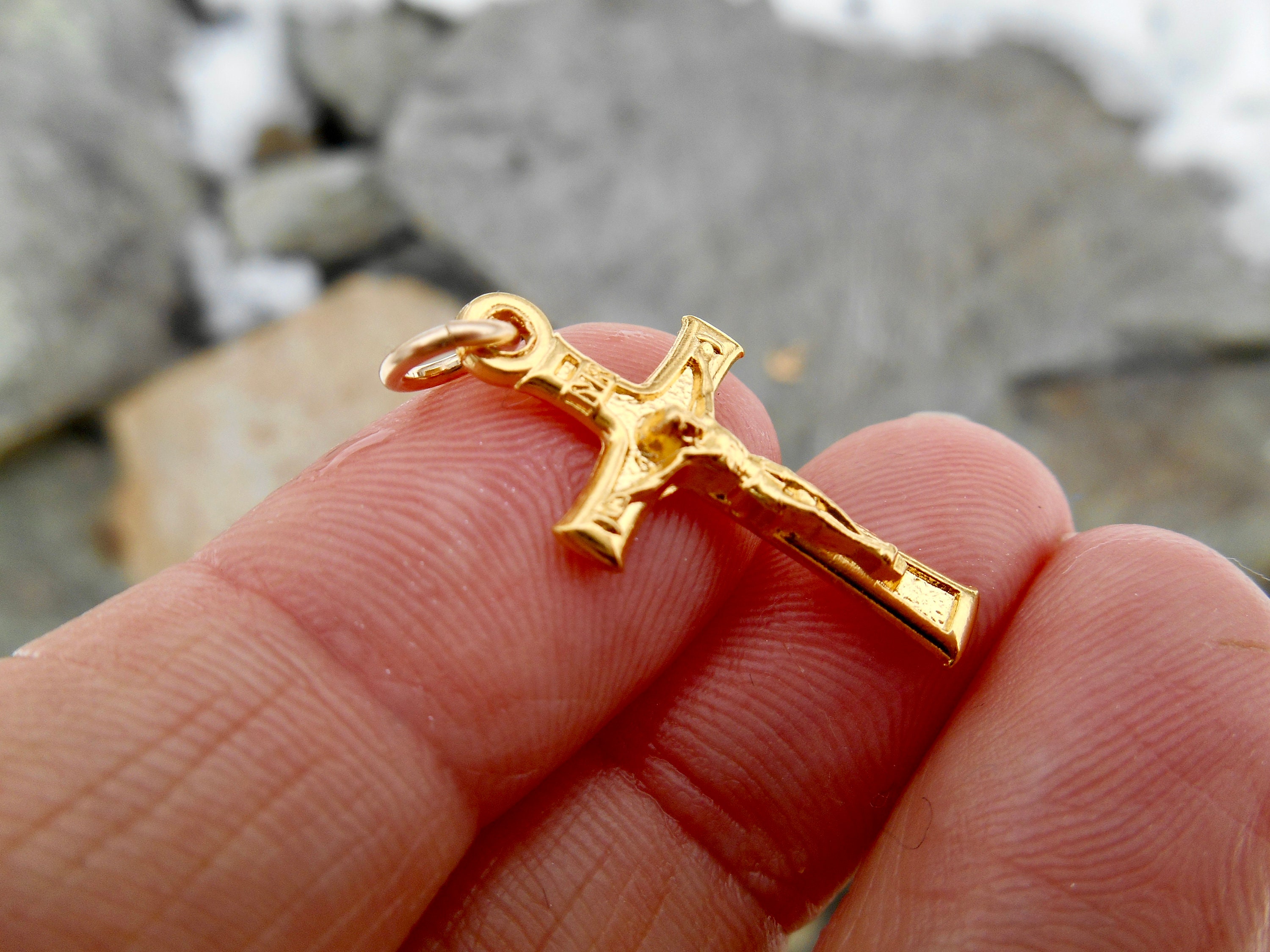 Tiny Gold Tone Crucifix Charm/ Miniature Cross Charm/ Small Cross Charm ...