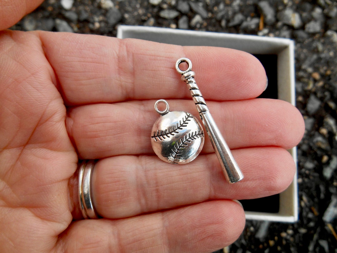 Baseball and Bat Charm Set, Silver Tone Baseball Bat, Baseball Charm ...
