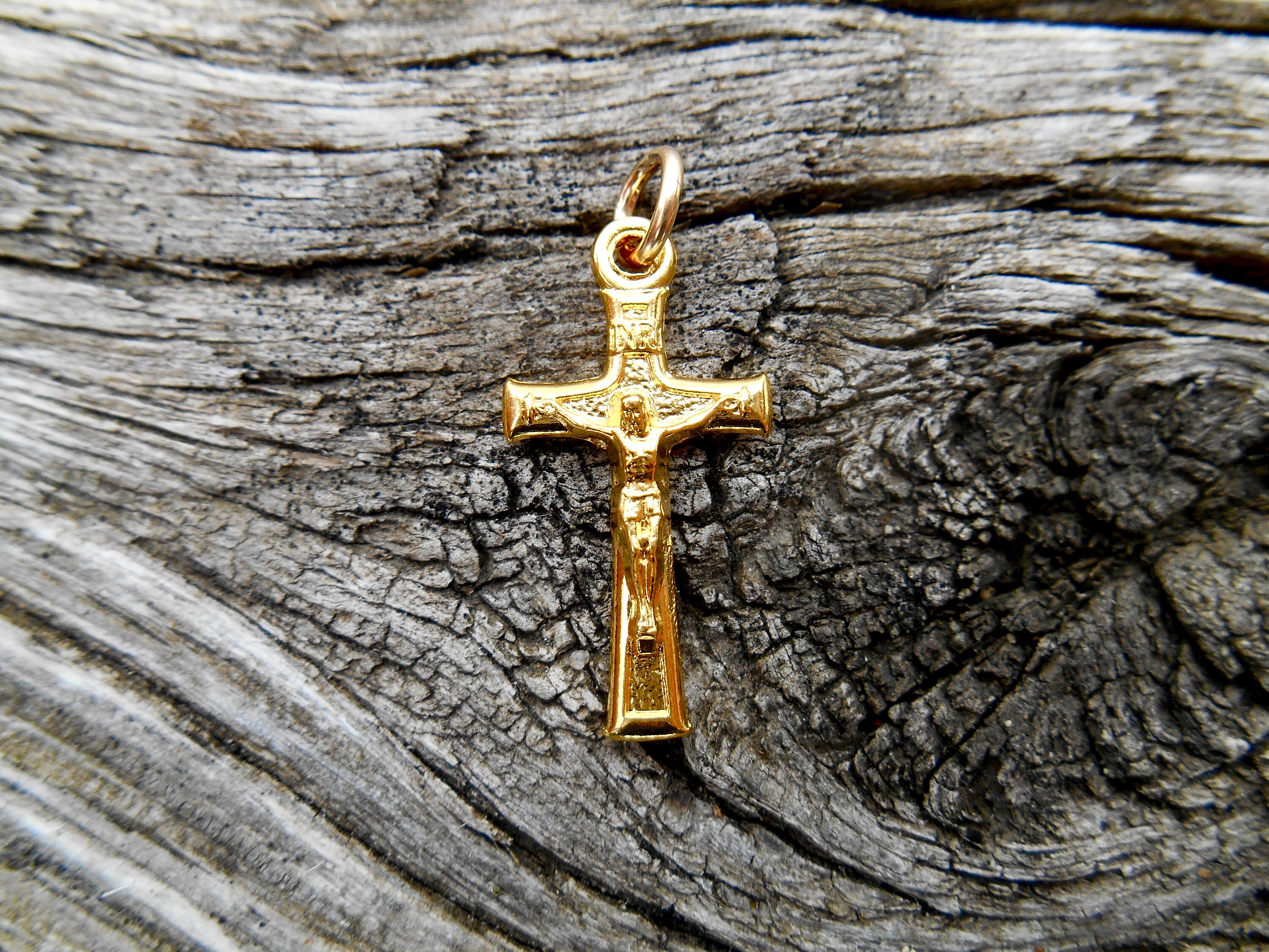 Tiny Gold Tone Crucifix Charm/ Miniature Cross Charm/ Small Cross Charm ...