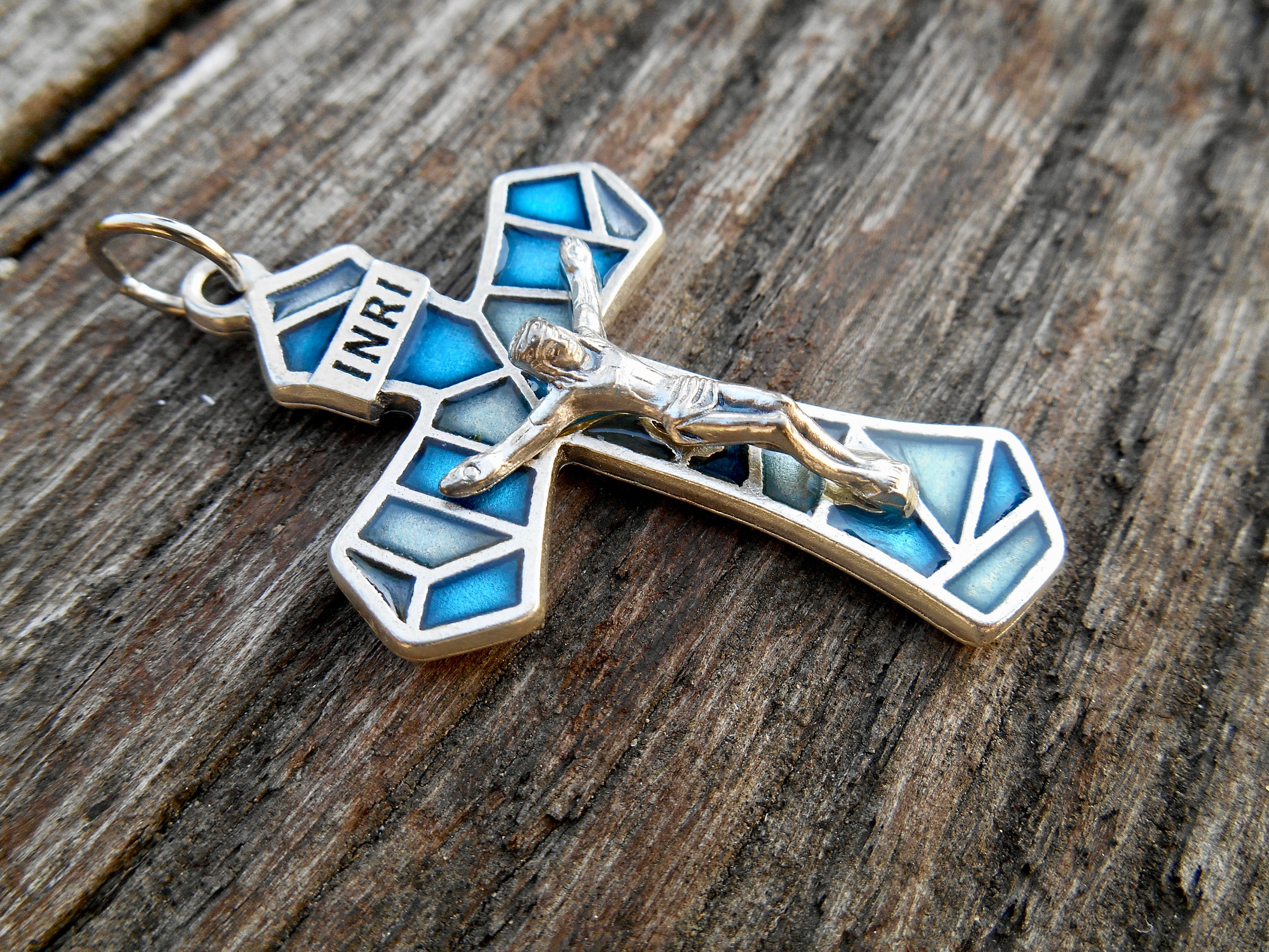 Rosary Crucifix, Blue & Silver Enamel Crucifix, Italian Made, Mosaic ...