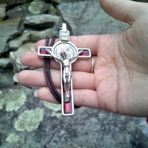Large 3 Inch Saint Benedict Crucifix, Corded Crucifix, Red Enamel ...