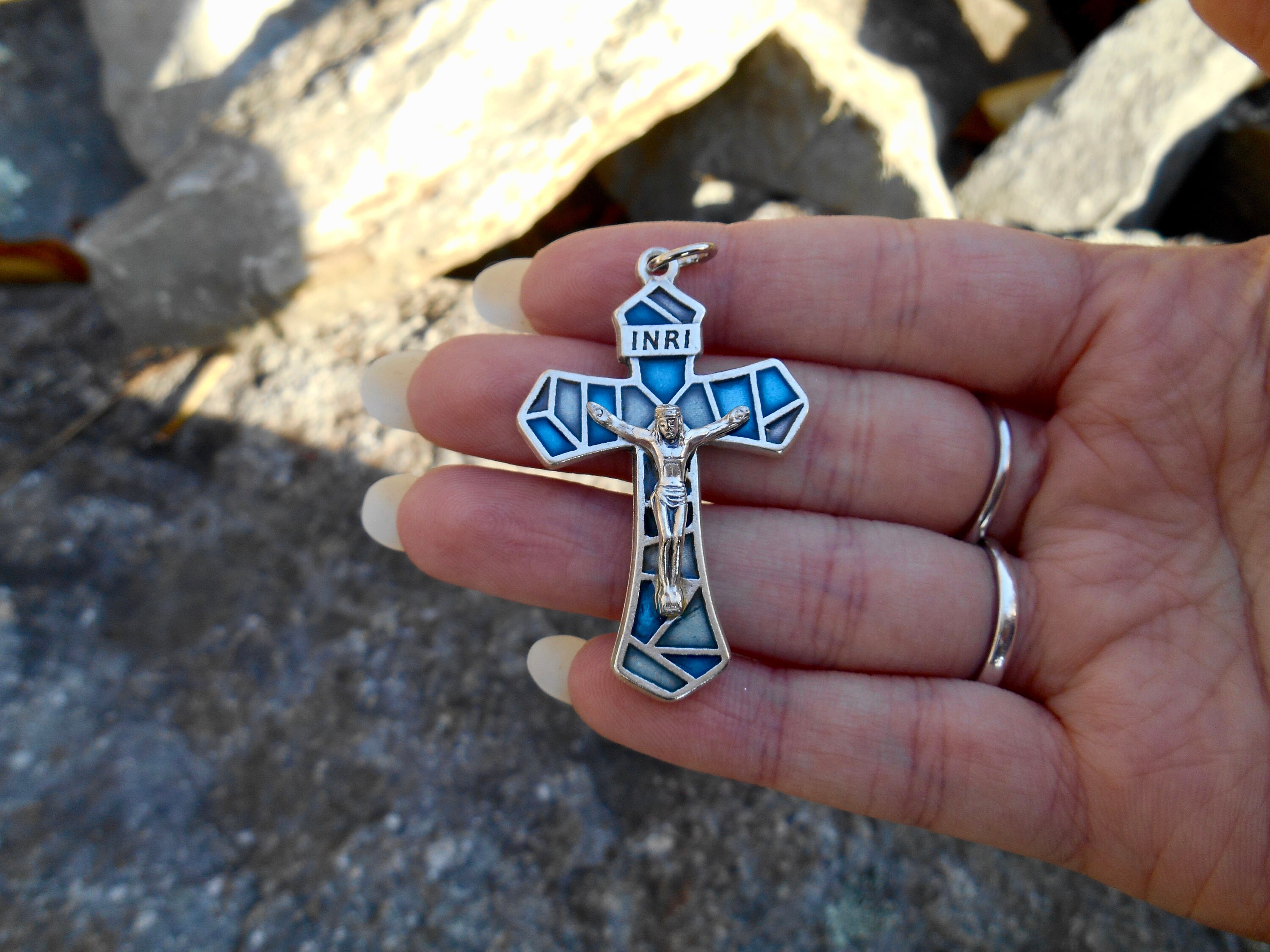 Rosary Crucifix, Blue & Silver Enamel Crucifix, Italian Made, Mosaic ...