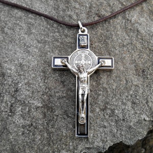 Large 3 Inch Saint Benedict Crucifix, Cord Crucifix, Black Enamel ...