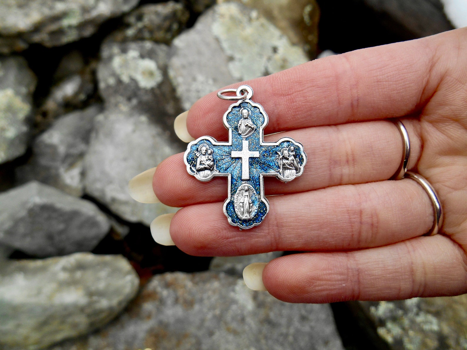 Large 5 Way Cross Pendant Blue Accent/Jesus Five way Cross | Etsy