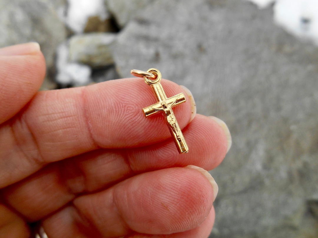 Tiny Gold Tone Crucifix Charm/ Miniature Cross Charm/ Small Cross Charm ...
