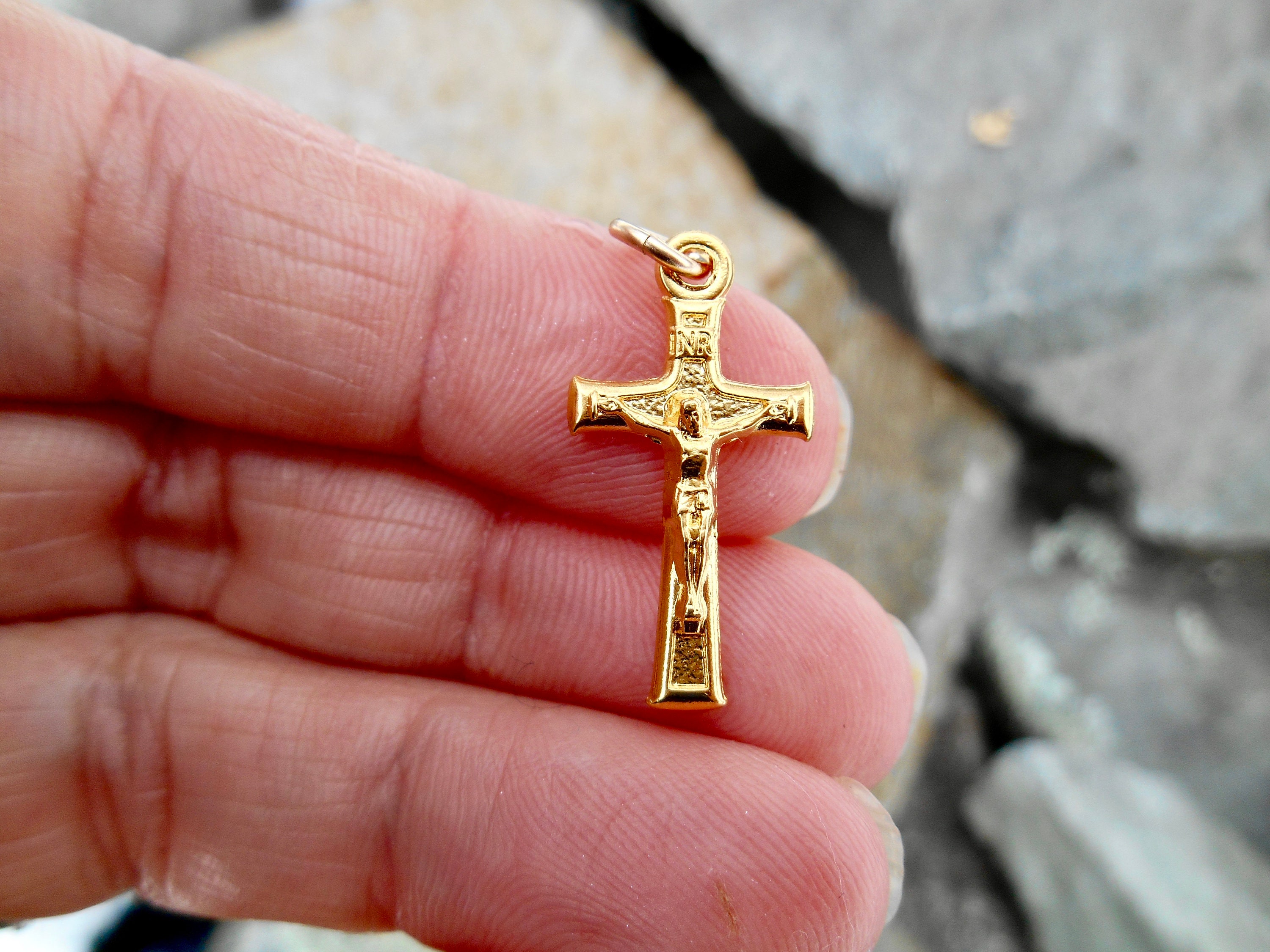 Tiny Gold Tone Crucifix Charm/ Miniature Cross Charm/ Small Cross Charm ...