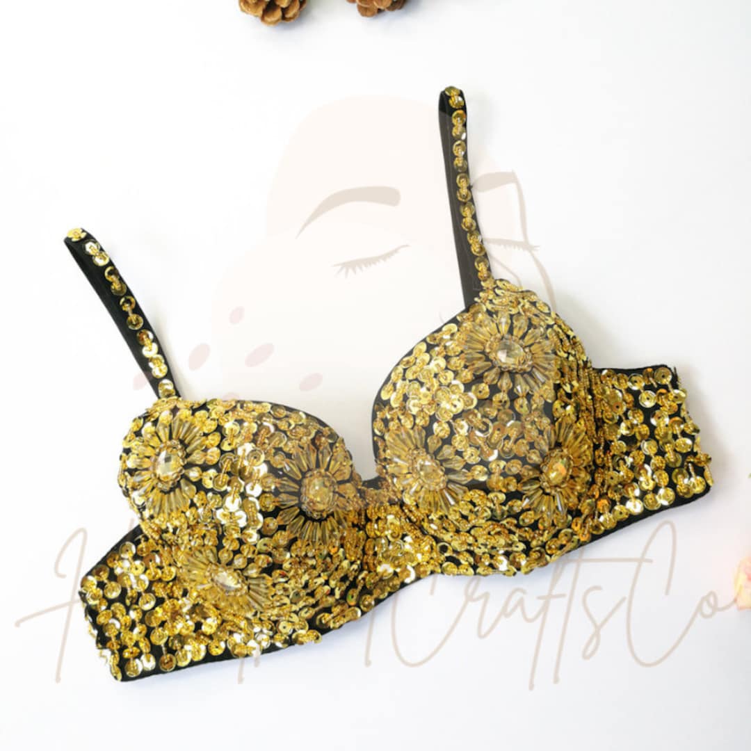 Gold Sequin Bra Bedazzled Bra Bustier Rhinestone Bra - Etsy