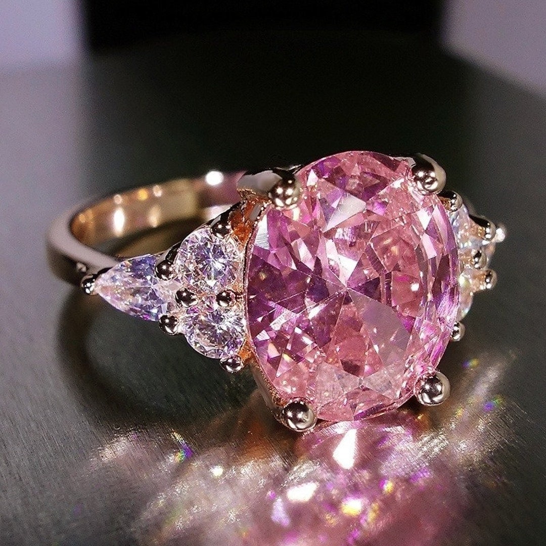 Elegant Oval Pink Crystal Ruby Ring With Cubic Zirconia Accent - Etsy