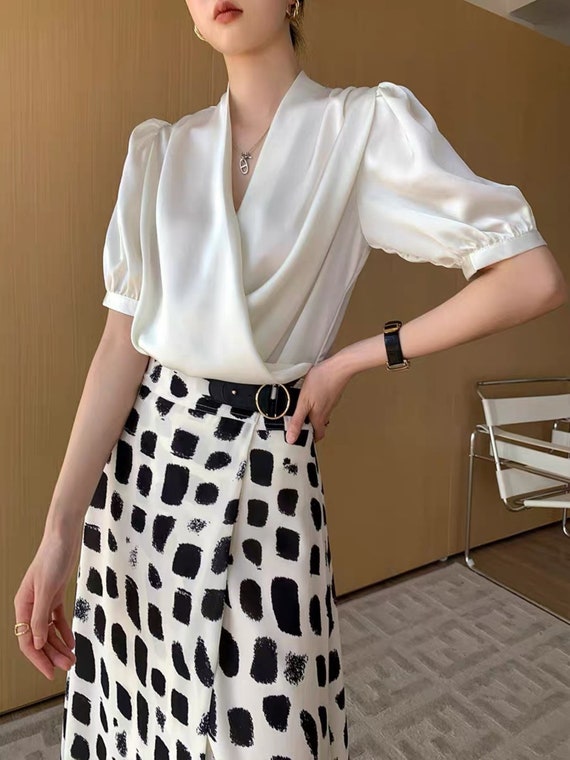 Silk Wrap Blouse/ Women Blouse/ Short Sleeve Blouse/ Loose Silk Wrap Blouse/ Women Blouse/ Short Sleeve Blouse/ Loose
