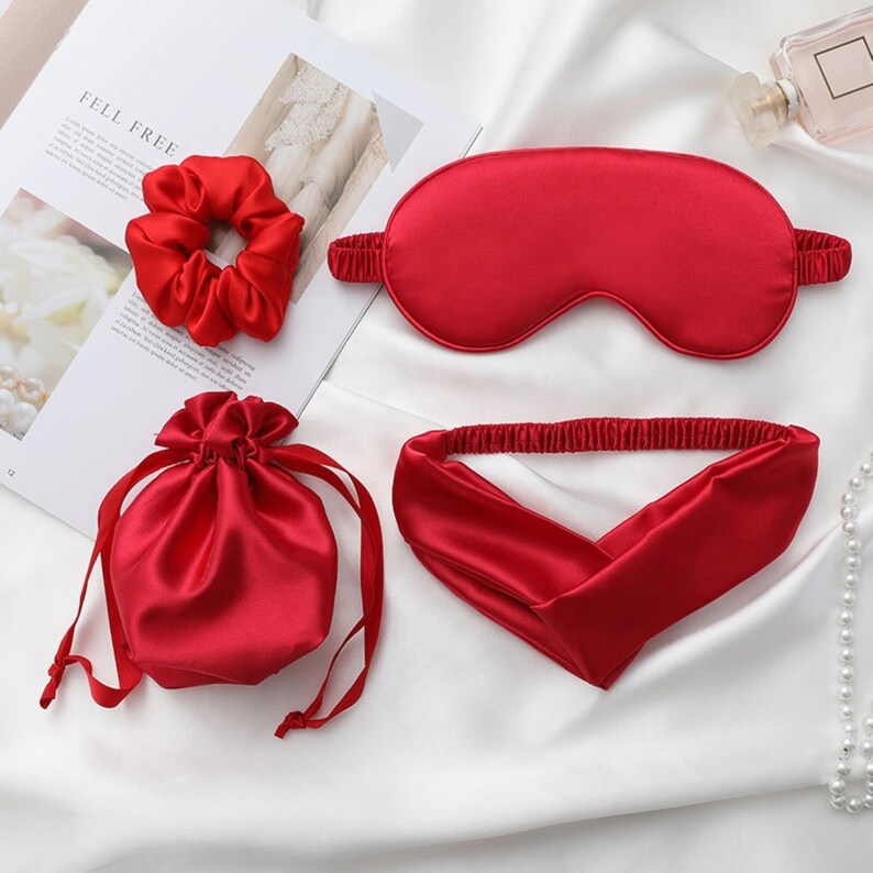 3 Piece Set Sleep Mask and Hair Accessories With Pouch / Silk Gift Set ...