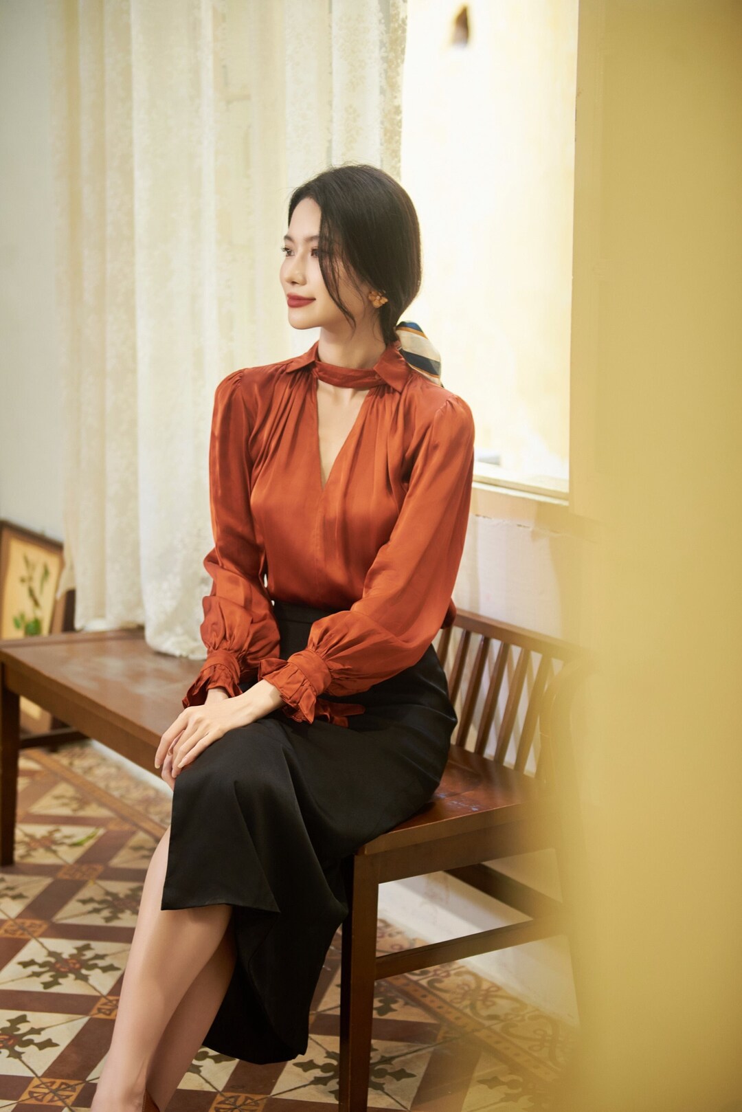 Silk Puff Sleeves Blouse - Silk Blouse - Long Sleeves Blouse ...