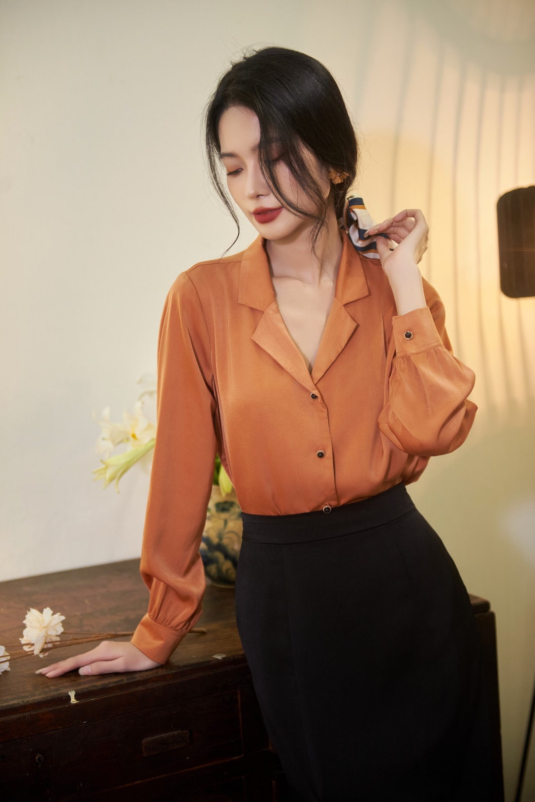 Silk Long Sleeves Button Down Shirt /women Silk Work Top /silk Blouse ...