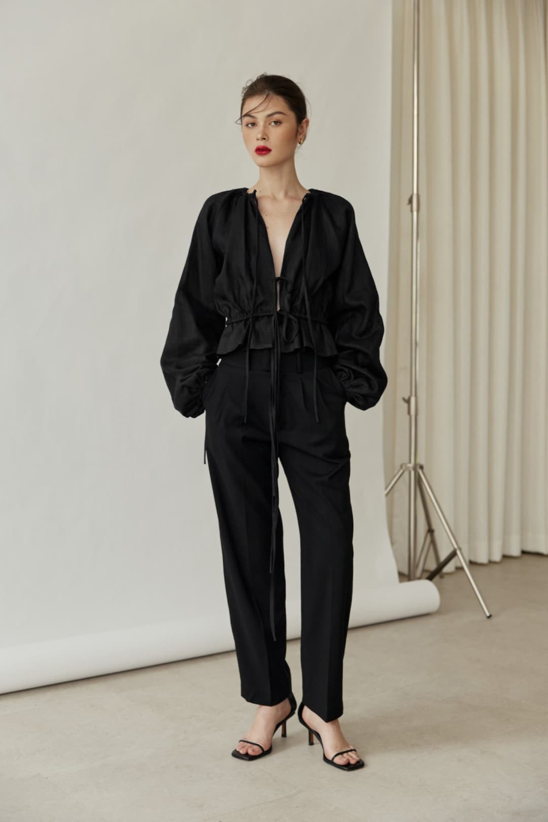 100% Premium Linen Set - Puffy Long Sleeves Linen Bloue - Linen ...