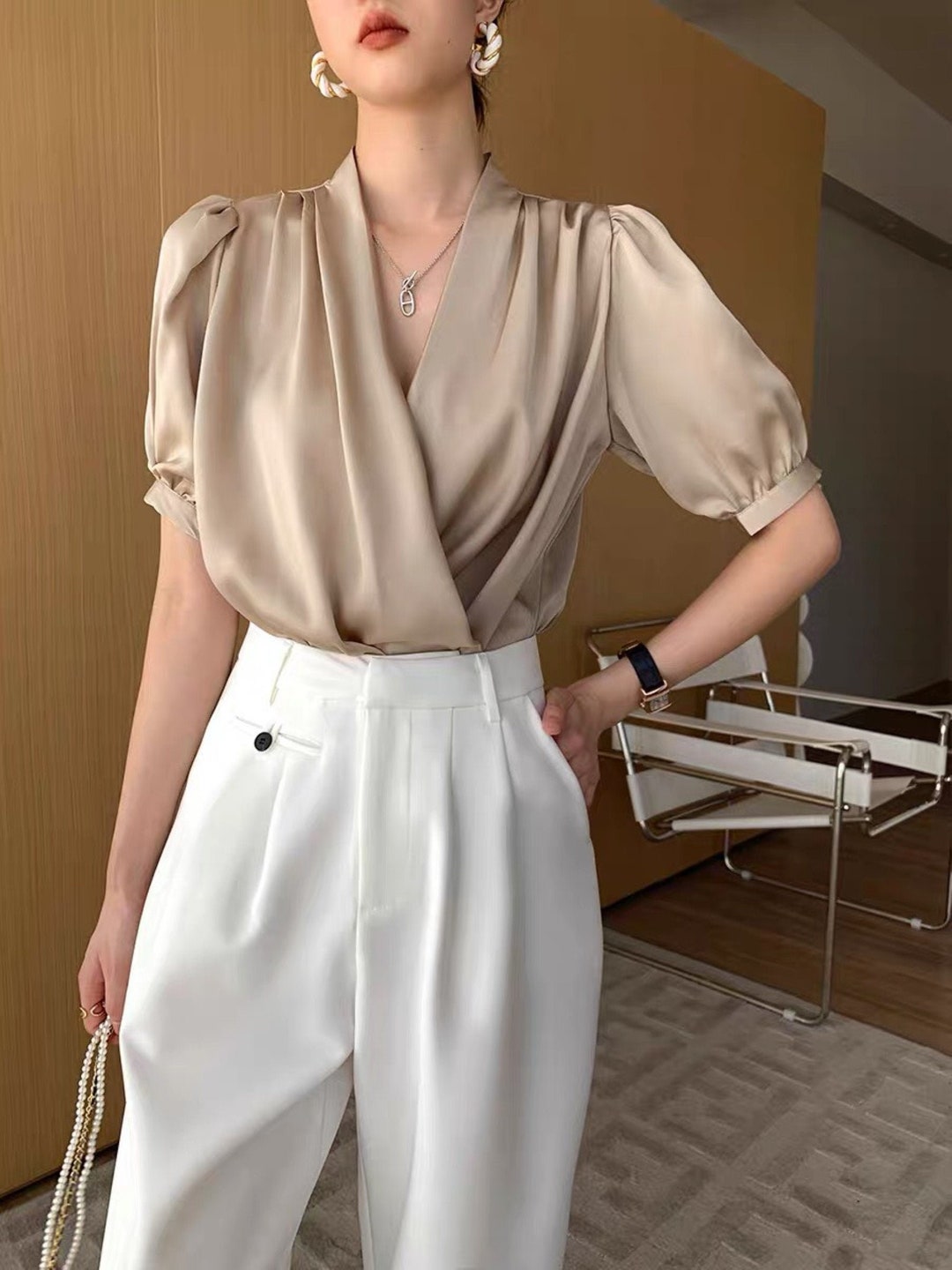 Silk Wrap Blouse/ Women Blouse/ Short Sleeve Blouse/ Loose Silk Wrap Blouse/ Women Blouse/ Short Sleeve Blouse/ Loose