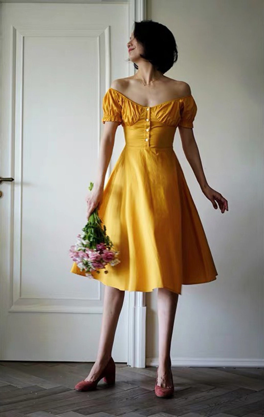 Milkmaid Style Dress - Flax Dress - Mustard Dress - Vintage Dress ...