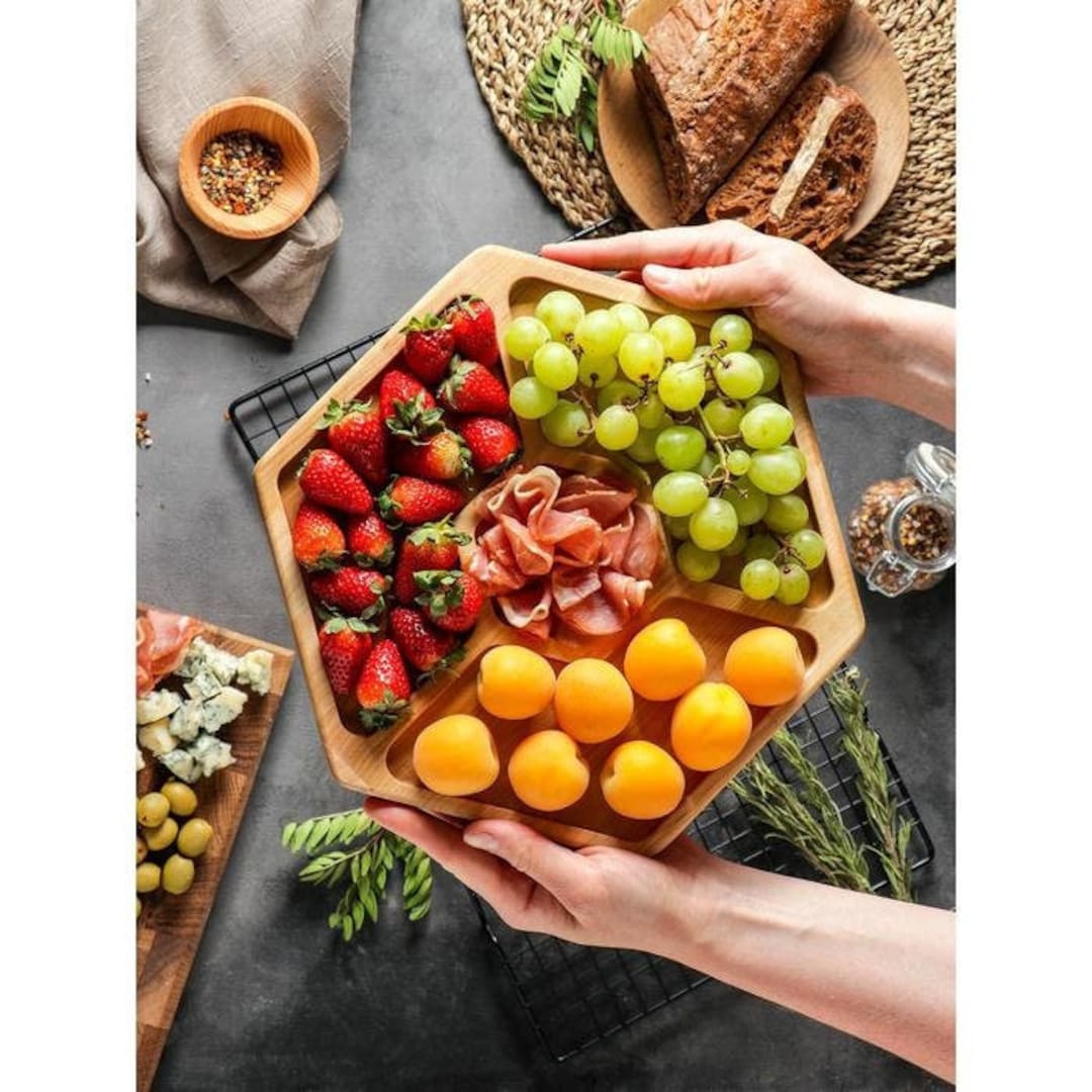 Wood Sectioned Platter, Appetizer Tray for Fruits and Cheese, Hexagon ...