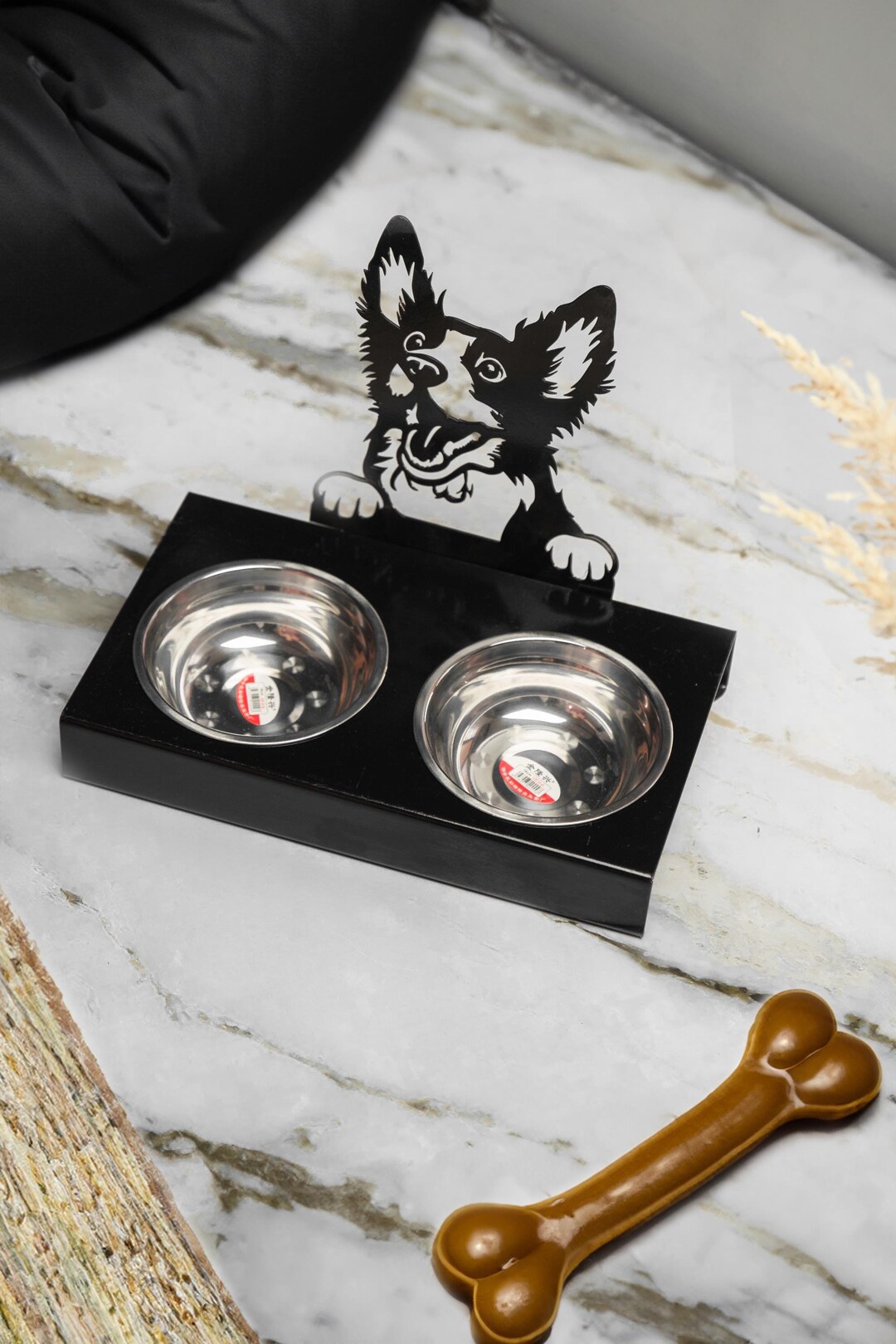 Personalized Metal Pet Feeder, Border Collie Dog Feeding Station, Stainless Steel Bowl Set ...