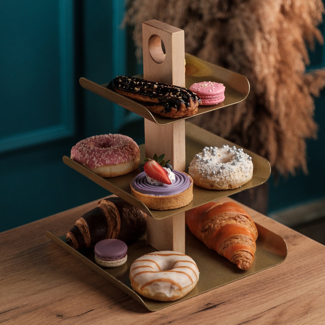 Gold Metal & Wooden Dessert Stand, 3 Tier Pastry Display Tray, Modern ...