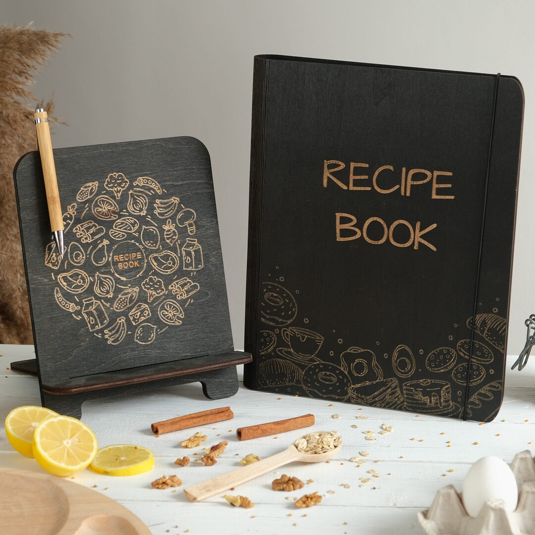 Engraved Wooden Recipe Binder and Book Stand, Rustic Cookbook Holder ...