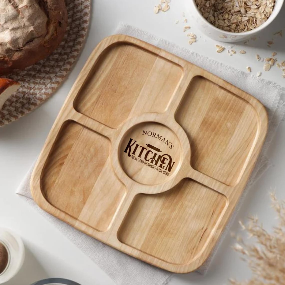 Square Wooden Snack Tray With Engraving Sectioned Tray - Etsy