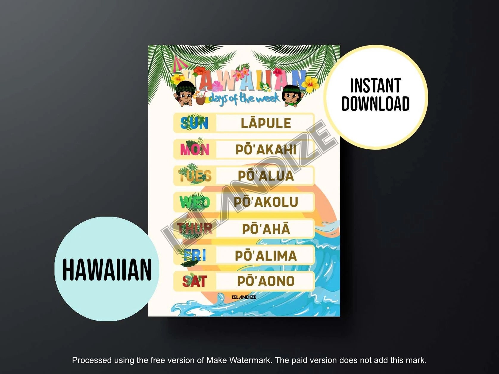 Printable Hawaiian Days of the Week Poster, Hawaii Tropical Beach Theme ...