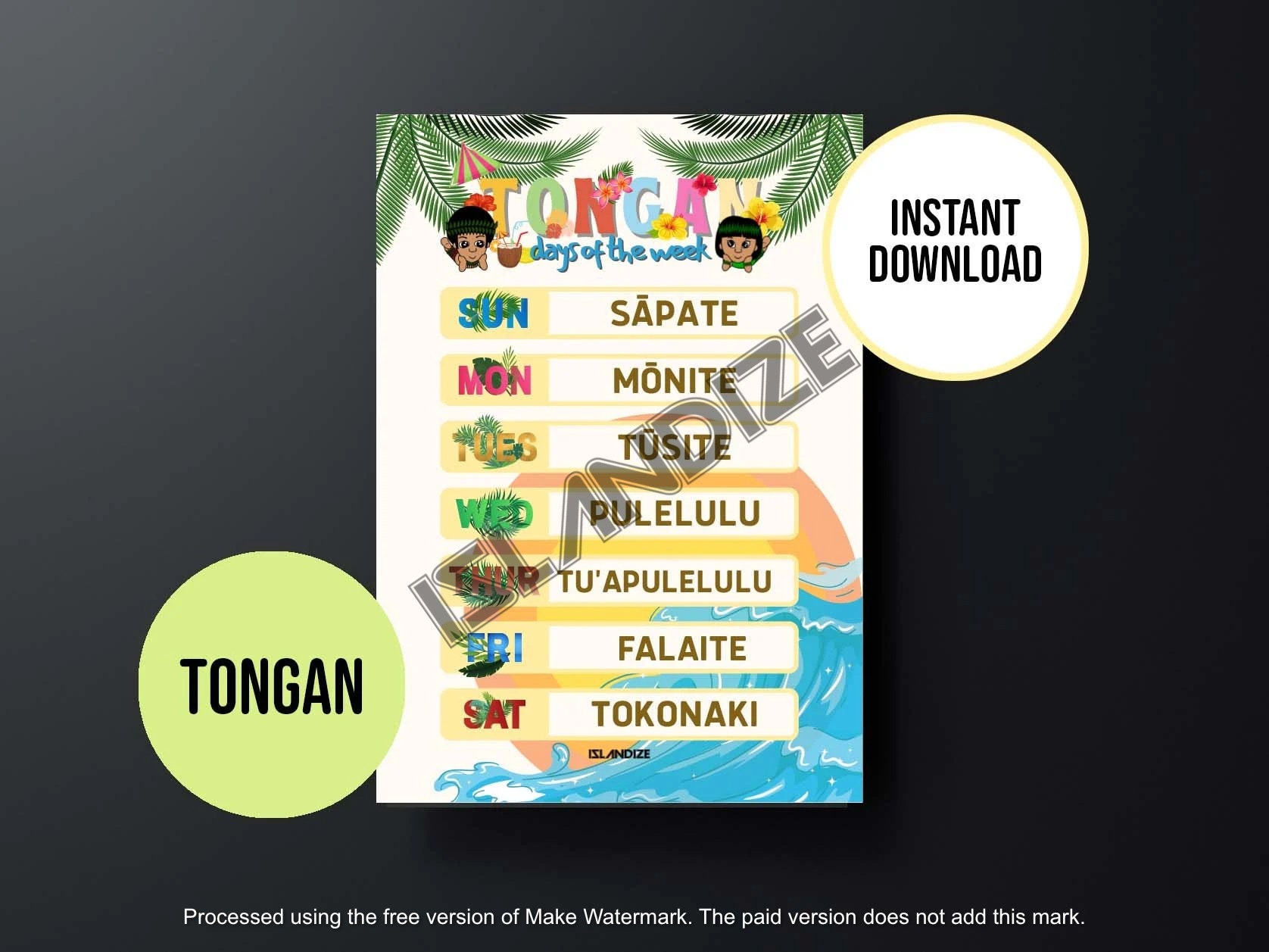 Printable Tongan Days of the Week Poster, Tongan Tropical Beach Theme ...