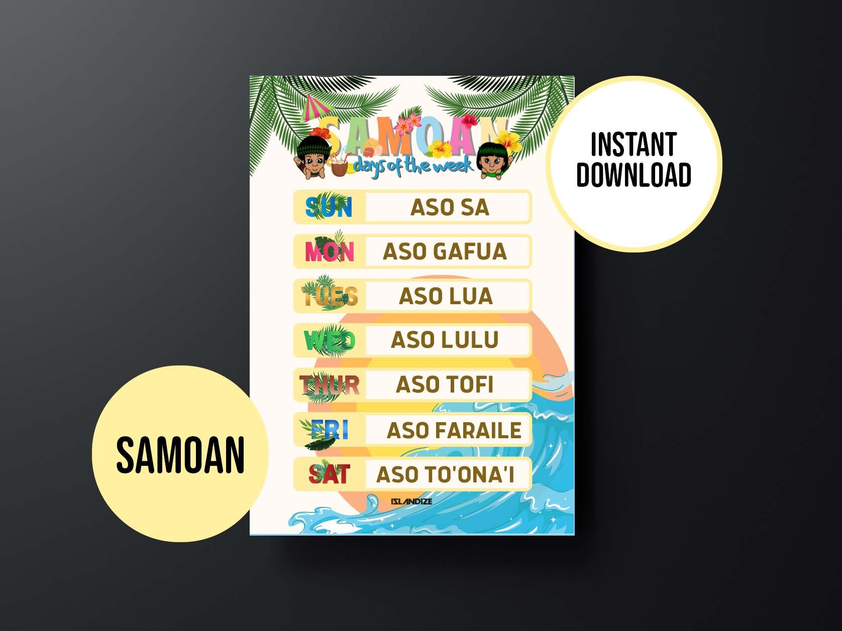 Printable Samoan Days of the Week Poster Samoan Tropical - Etsy