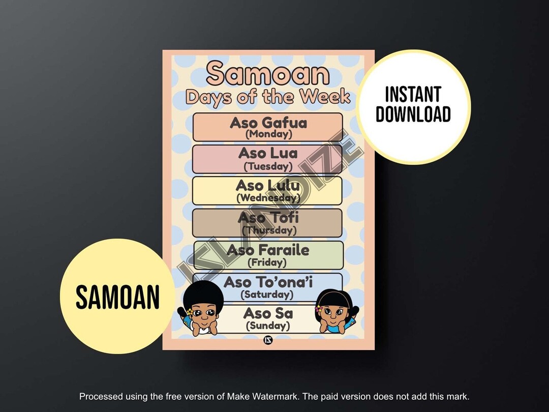 Printable Samoan Days of the Week Chart, Instant Digital Download ...