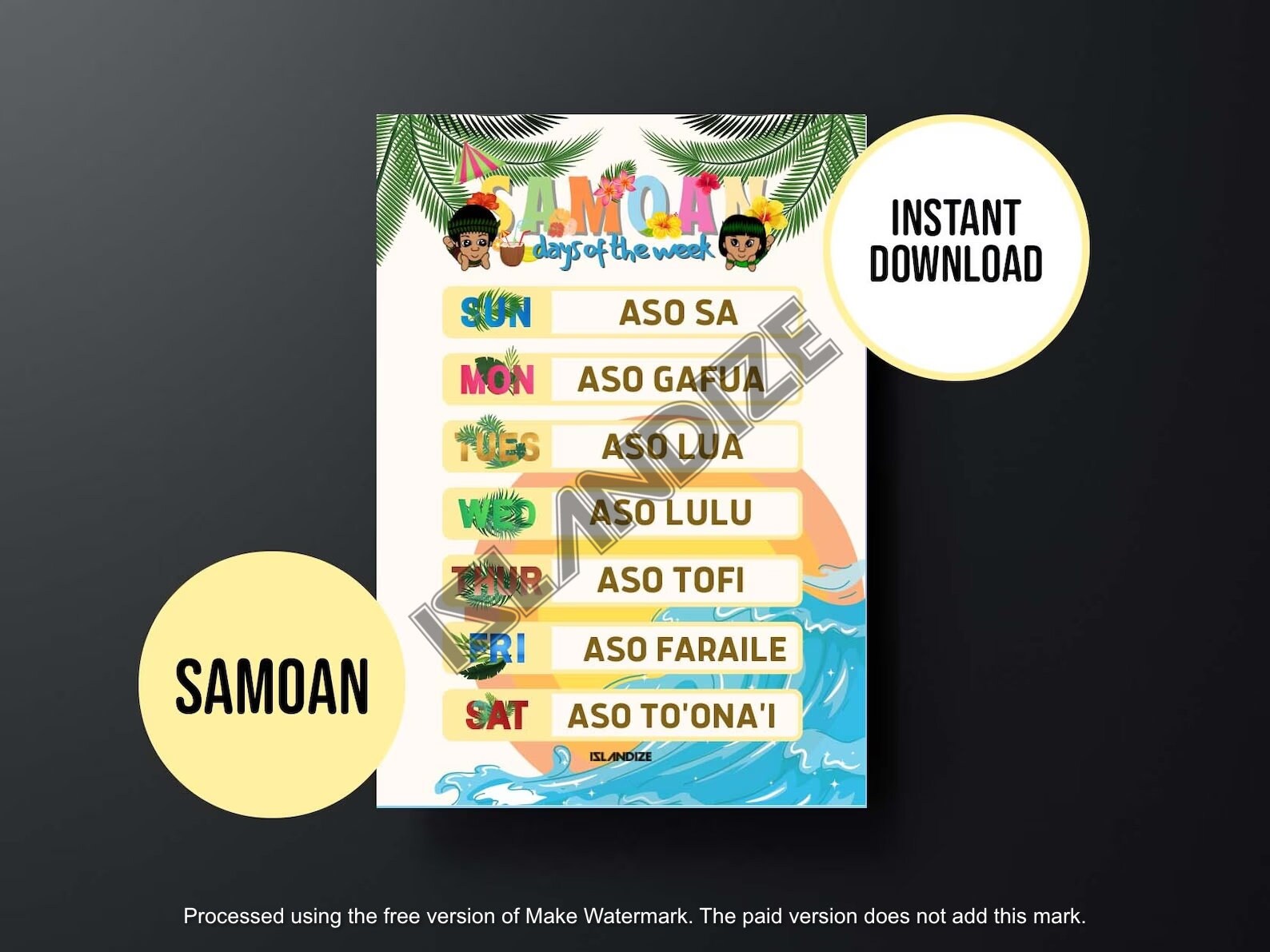 Printable Samoan Days of the Week Poster, Samoan Tropical Beach Theme ...