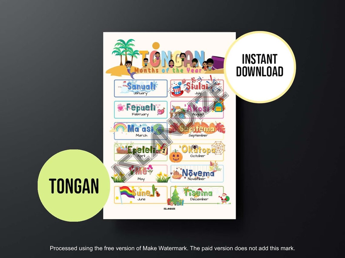 Printable Tongan Months Poster, Tongan Tropical Beach Theme Educational ...