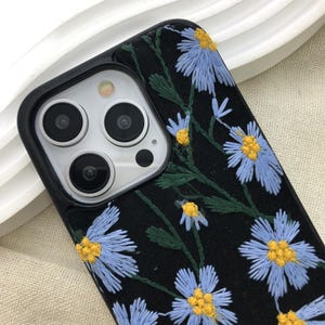 Embroidered Blue Daisy Black Fabric Phone Case for Google Pixel 10 Pro ...